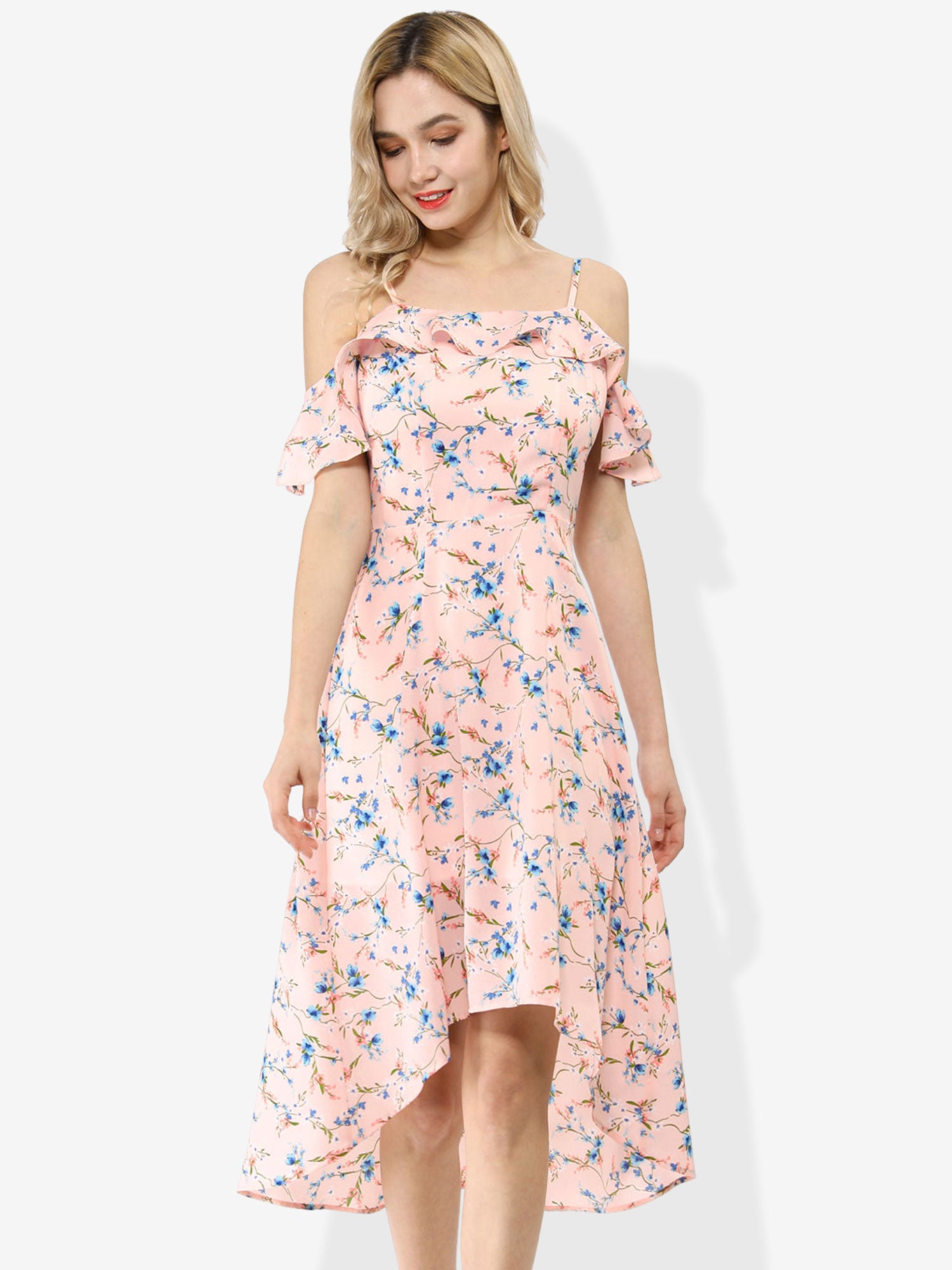 Spaghetti Strap Asymmetrical High Low Floral A-Line Midi Dress | Allegra K