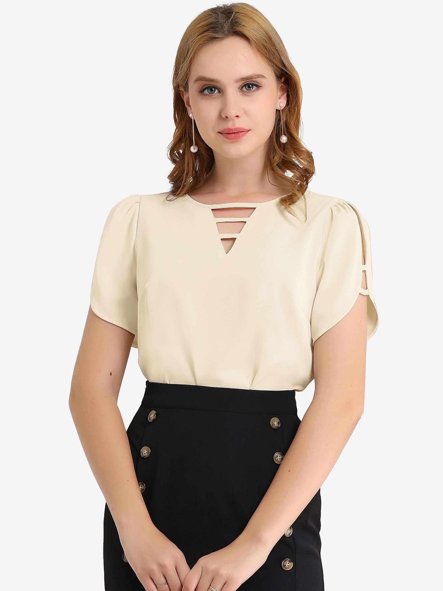 Cutout Round Neck Cap Sleeve Casual Top | Allegra K
