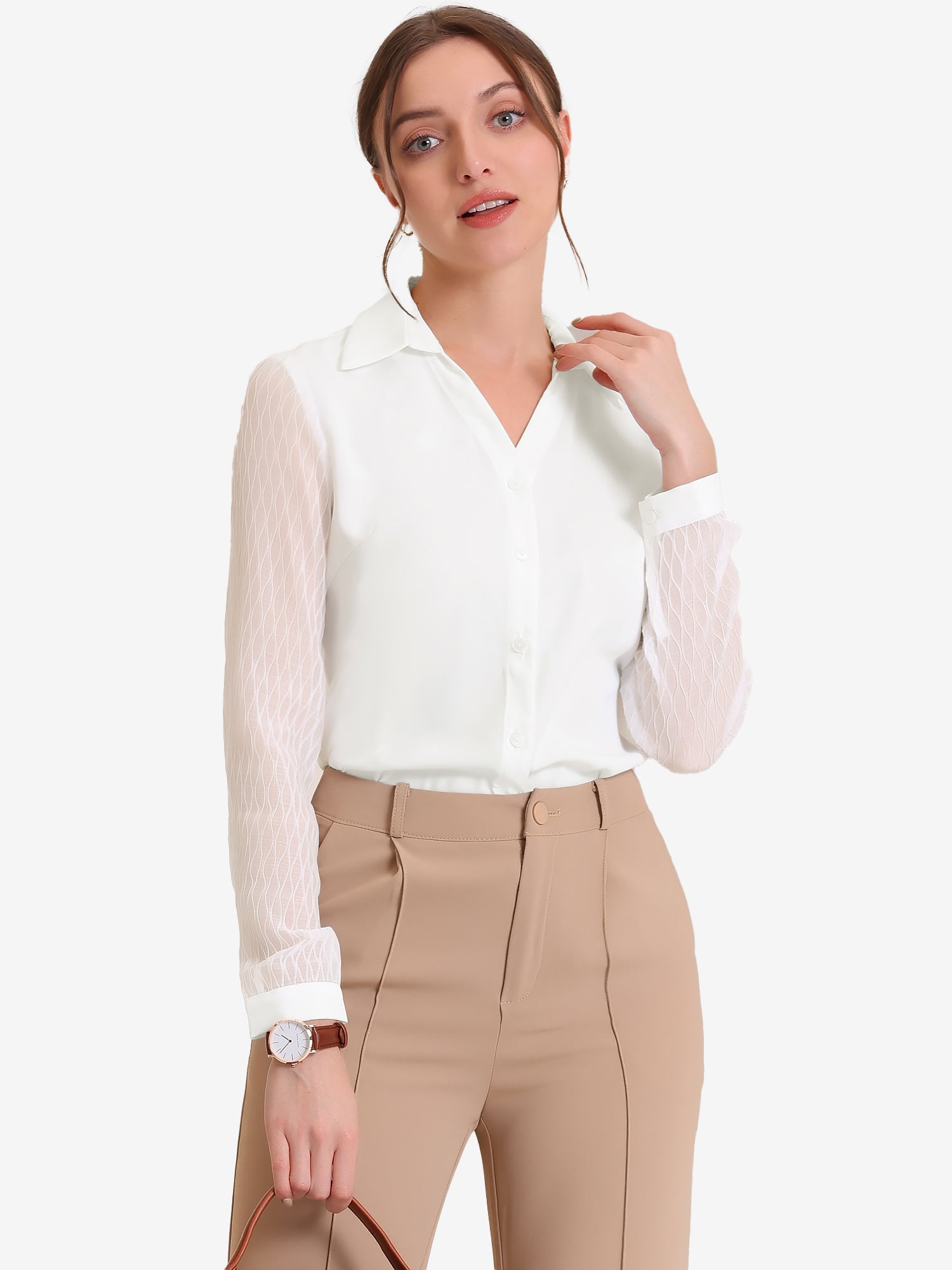 V Neck Point Collar Mesh Sleeve Button Down Work Office Shirt | Allegra K