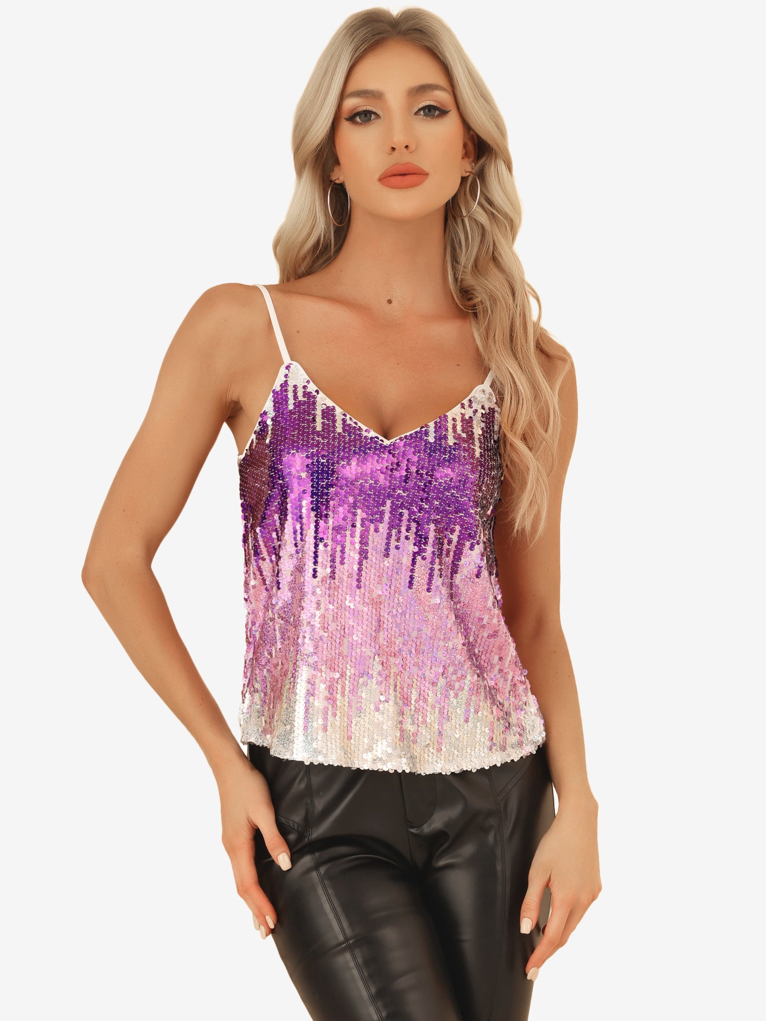 Sequined Straps Party Glitter Disco Sparkle Cami Top | Allegra K