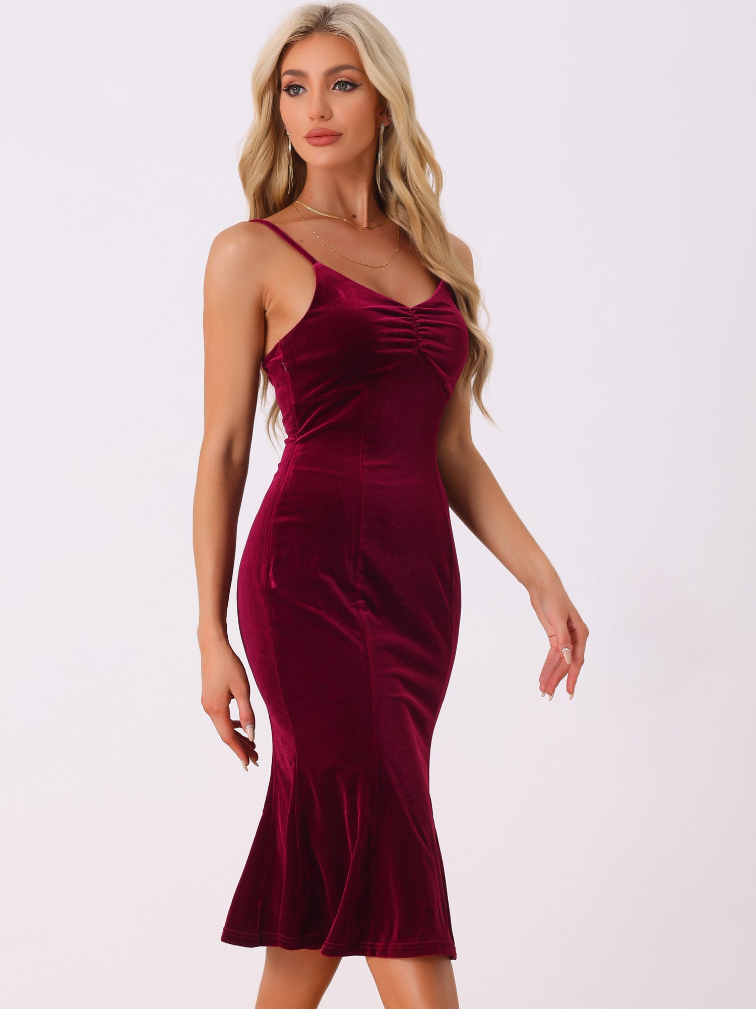 Spaghetti Straps V Neck Fishtail Cocktail Velvet Midi Dress | Allegra K