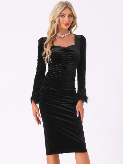 Velvet Furry Puff Long Sleeve Ruched Bodycon Midi Dress | Allegra K