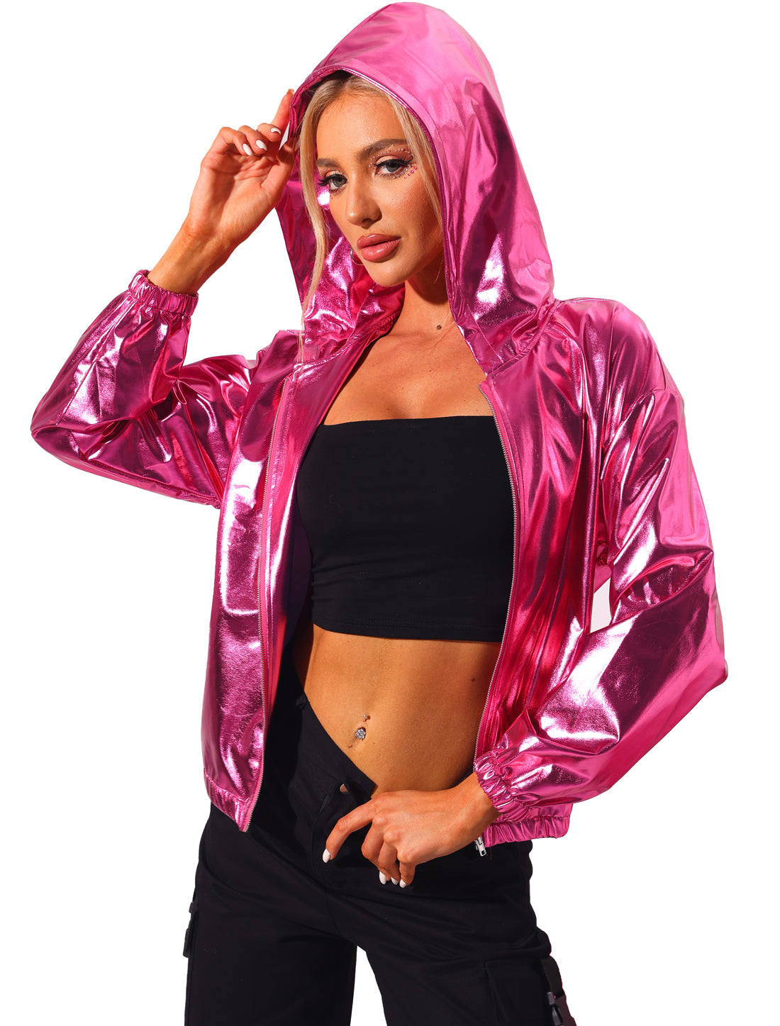 Holographic Party Shiny Lightweight Zipper Hooded Metallic Jacket ...
