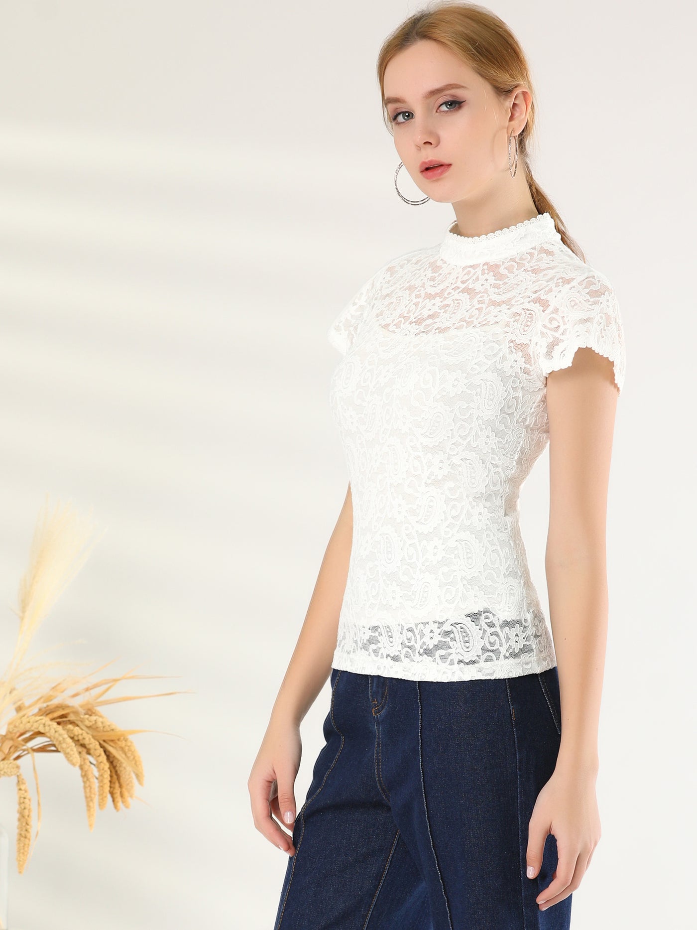 Elegant Floral Lace Short Sleeve Keyhole Back Fitted Blouse | Allegra K