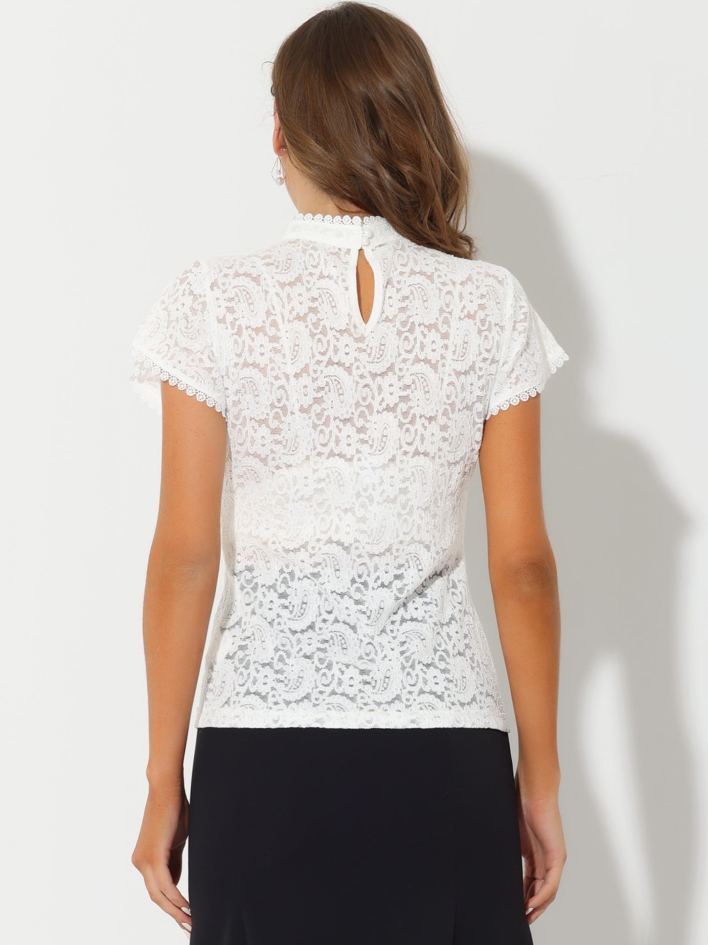 Elegant Floral Lace Short Sleeve Keyhole Back Fitted Blouse | Allegra K