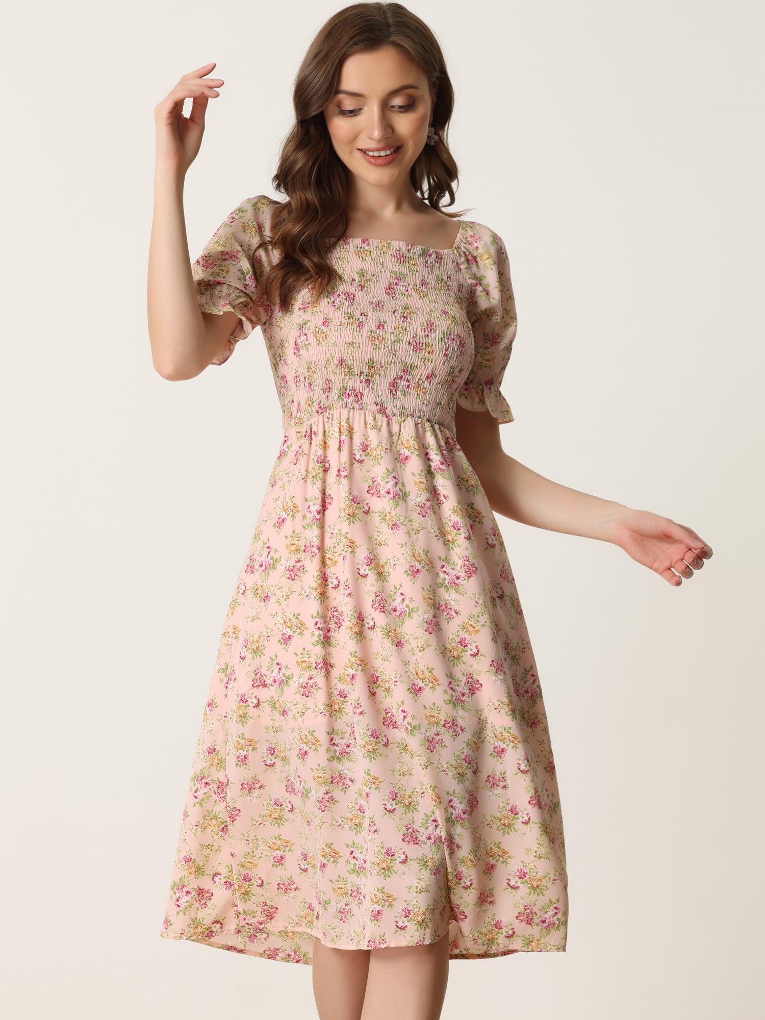 Square Neck Puff Sleeve Shirred Floral Casual Midi Dress | Allegra K