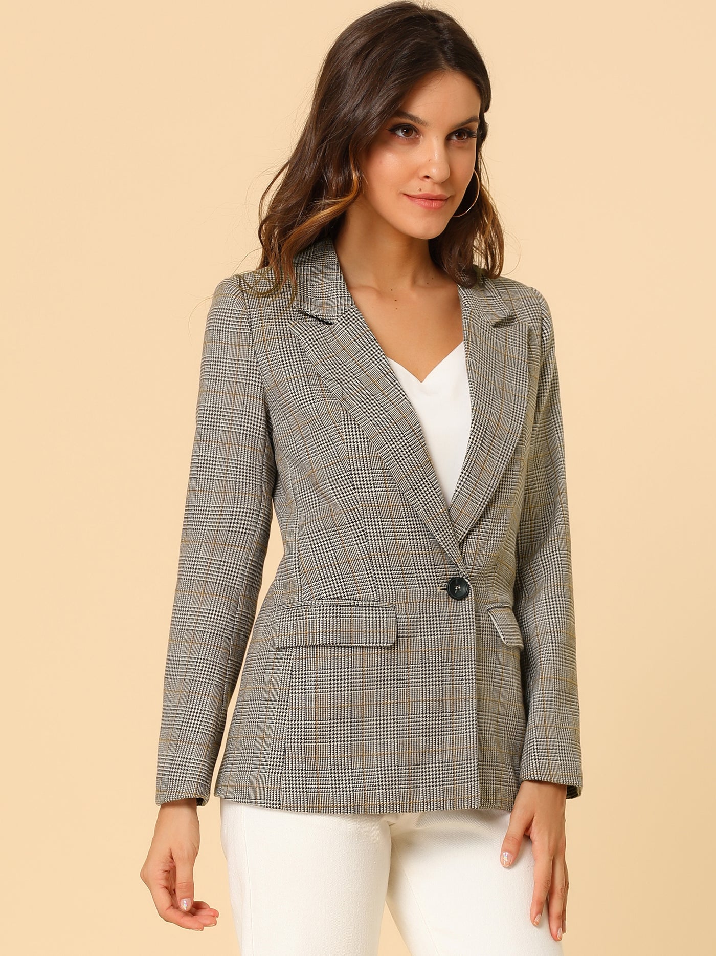 Plaid Notched Lapel One Button Houndstooth Blazer Jacket | Allegra K