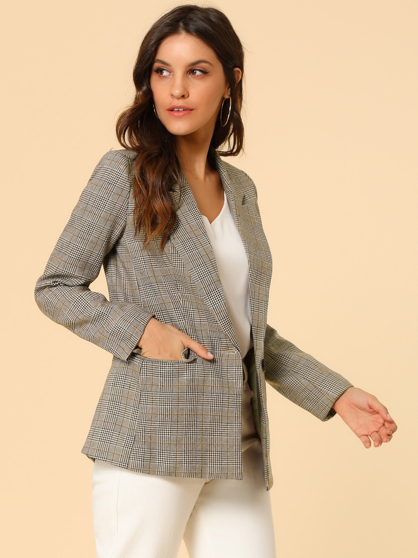 Plaid Notched Lapel One Button Houndstooth Blazer Jacket | Allegra K