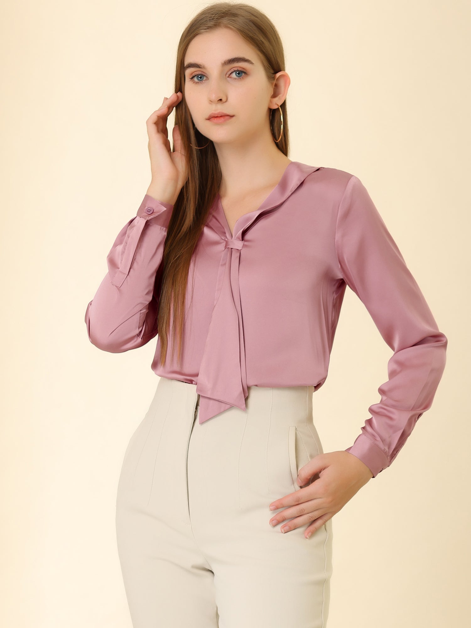 Satin Tie Neck Long Sleeve Solid Color Elegant Office Work Shirt Top ...