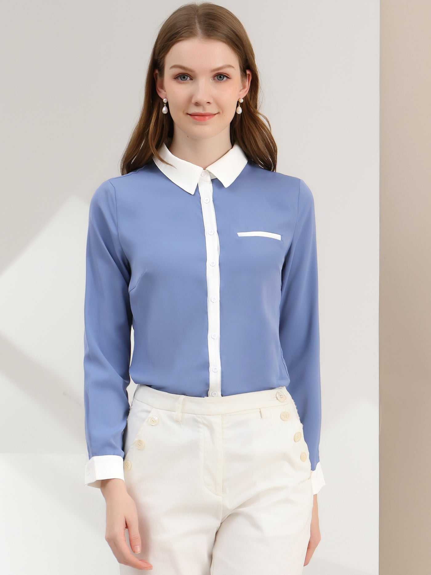 Contrast Collar Shirt Chiffon Long Sleeve Work Office Blouse | Allegra K