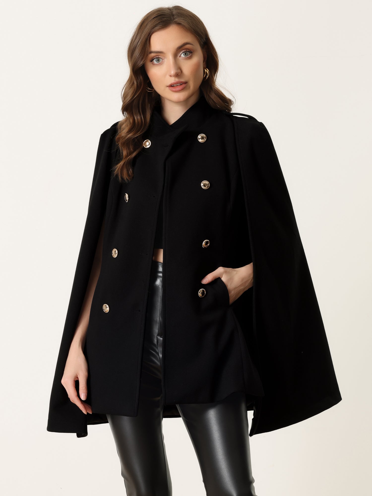 Winter Slit Sleeve Double Breasted Cloak Cape Coat | Allegra K
