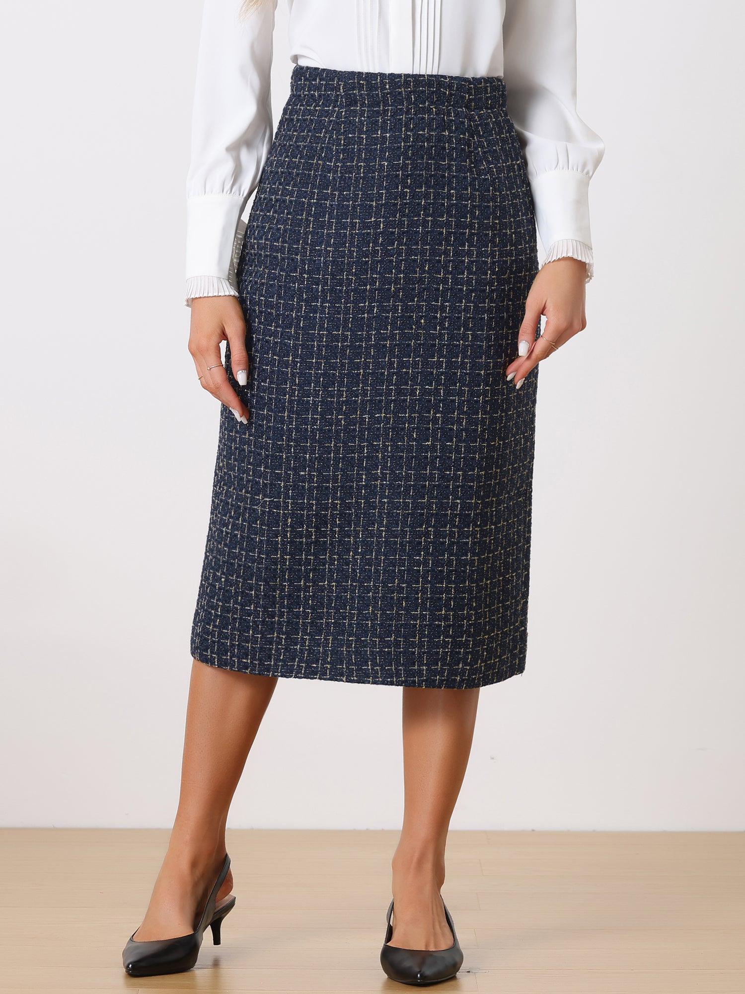 Plaid Tweed High Waist Work Office Bodycon Pencil Midi Skirt | Allegra K