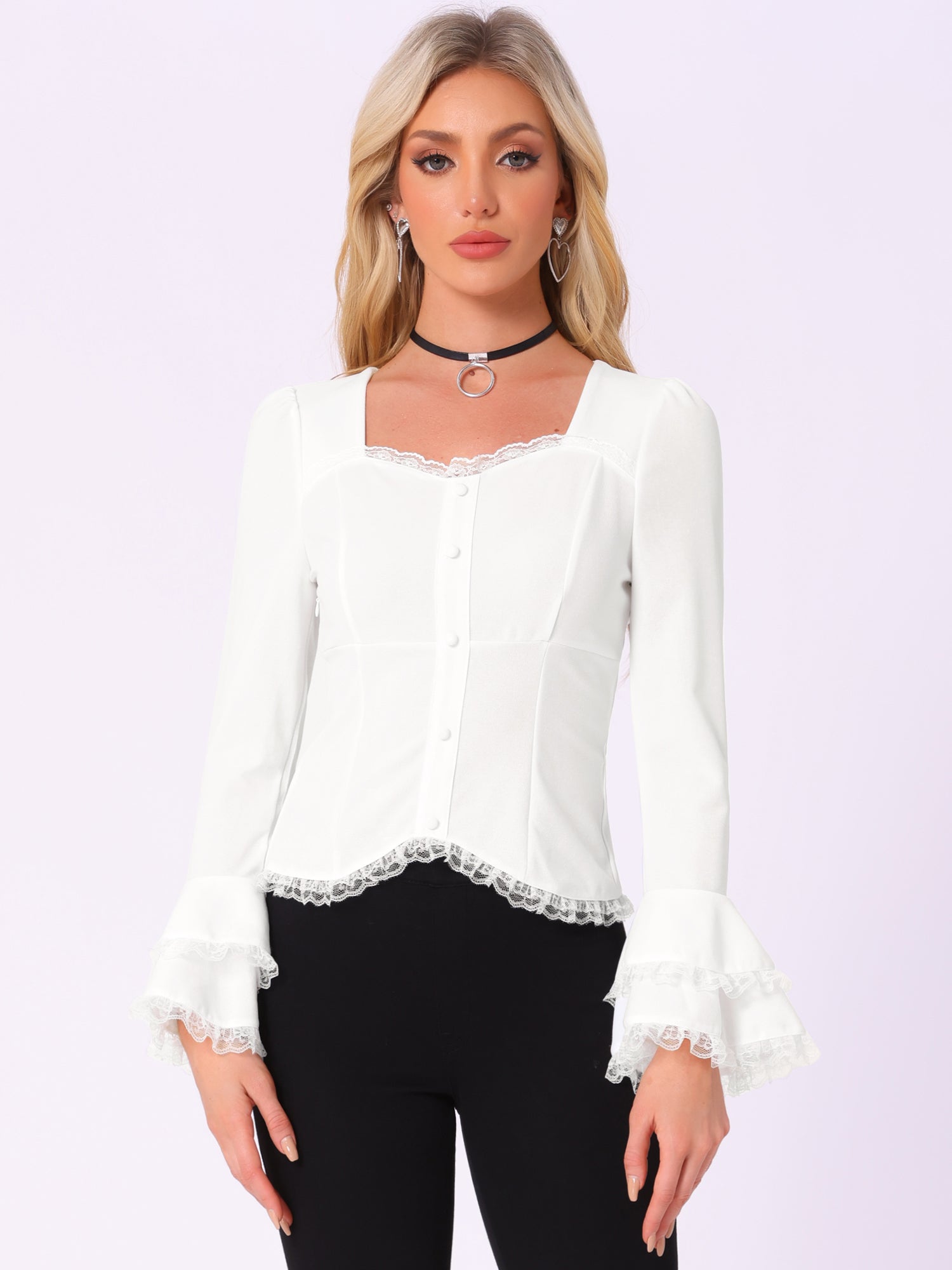 Vintage Flare Bell Sleeve Lace Button Decor Blouse | Allegra K