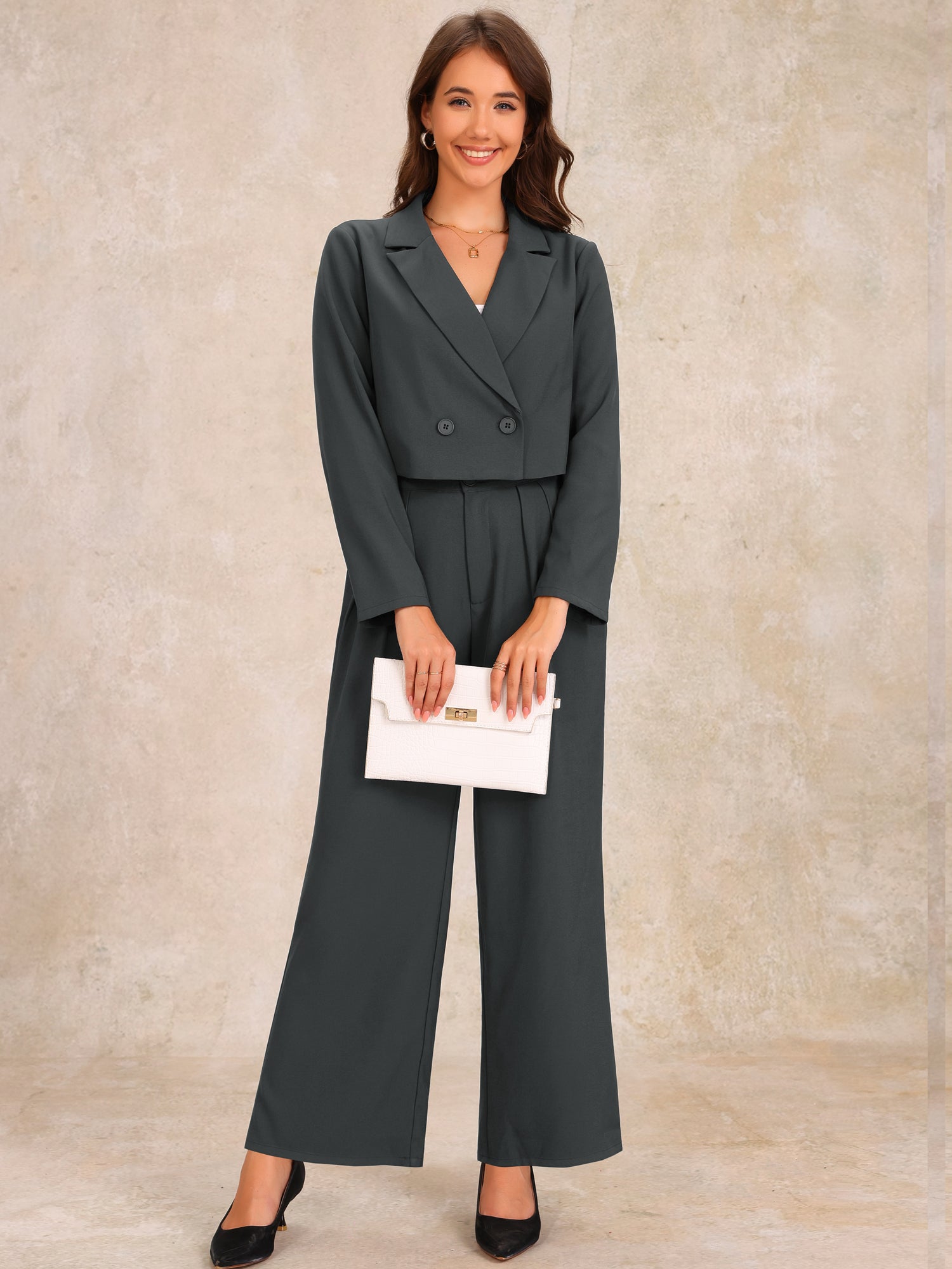2 Piece Notched Lapel Cropped Jacket & Wide Leg Pants Work Suits Set ...