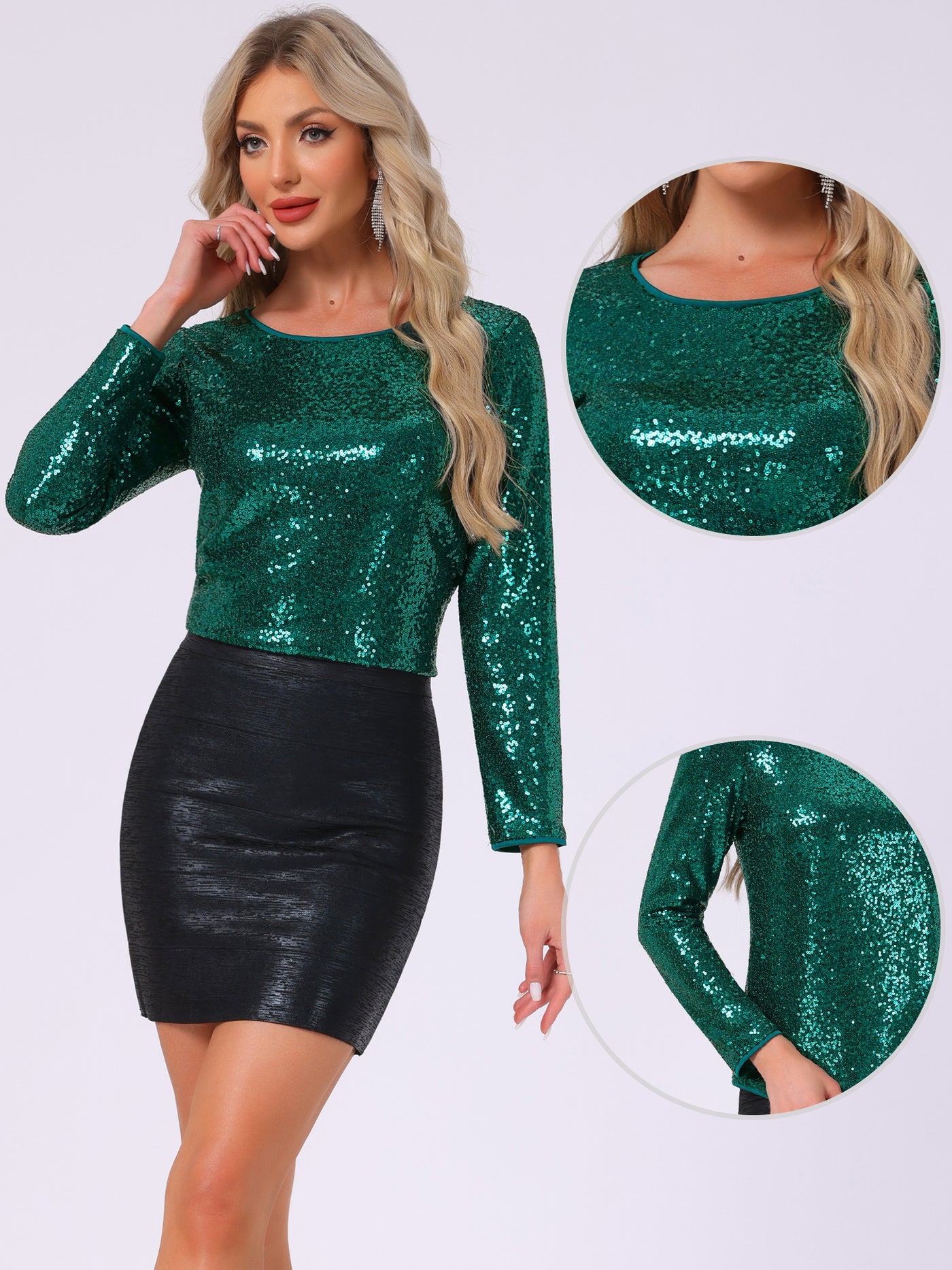 Sequin Glitter Round Neck Long Sleeve Party Blouse Tops | Allegra K