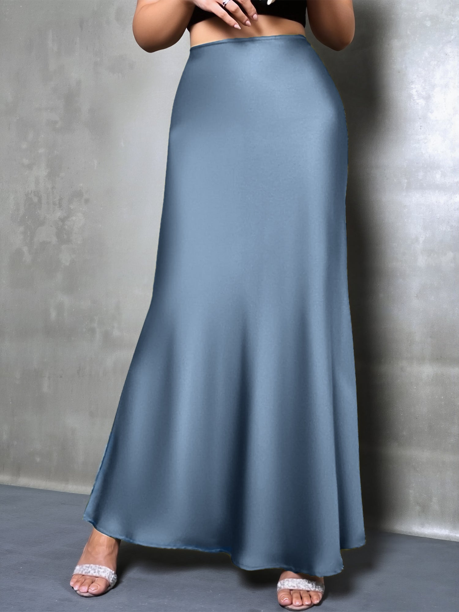 High-Waisted Flared Hem Satin Solid Color Fishtail Elegant Maxi Skirt ...