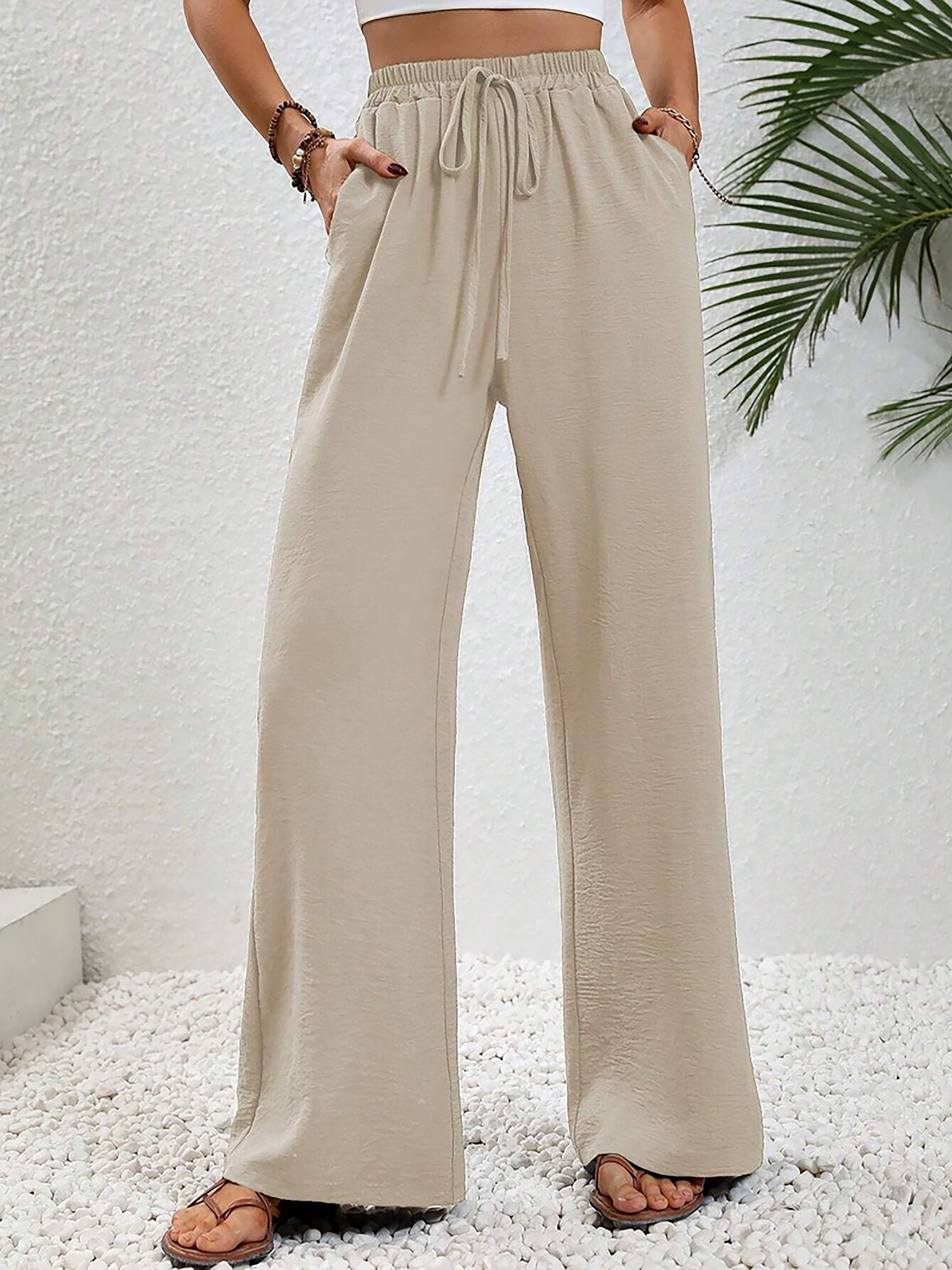 Solid Color Elastic Waist Casual Wide Legs Pants | Allegra K