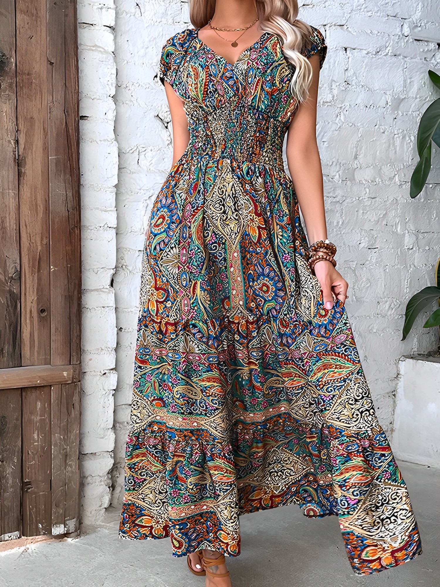 Colorful Long Dress Foreign Trade V Neck High Waist Skirt | Allegra K
