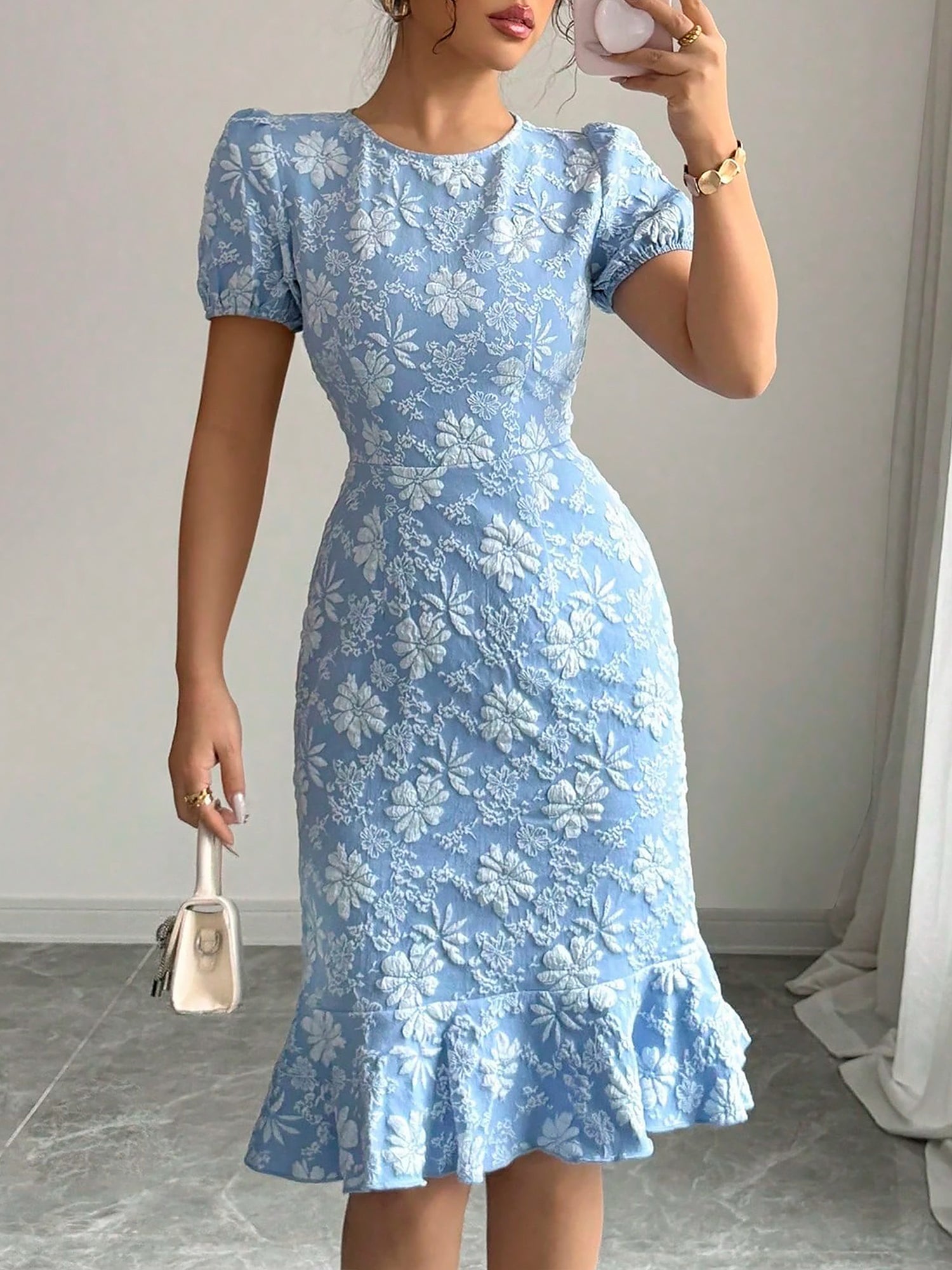 Flattering Slim Fit Flower Textured Puff Sleeves Bodycon Midi Dress ...