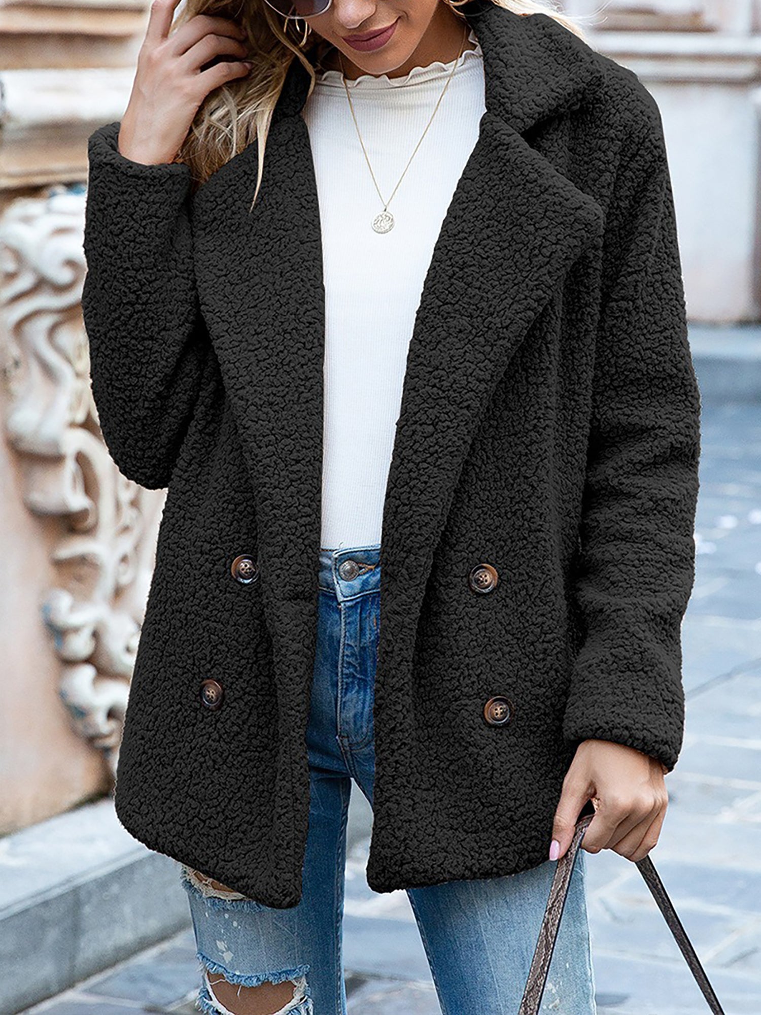 Notched Lapel Double Breasted Fleece Jacket | Allegra K