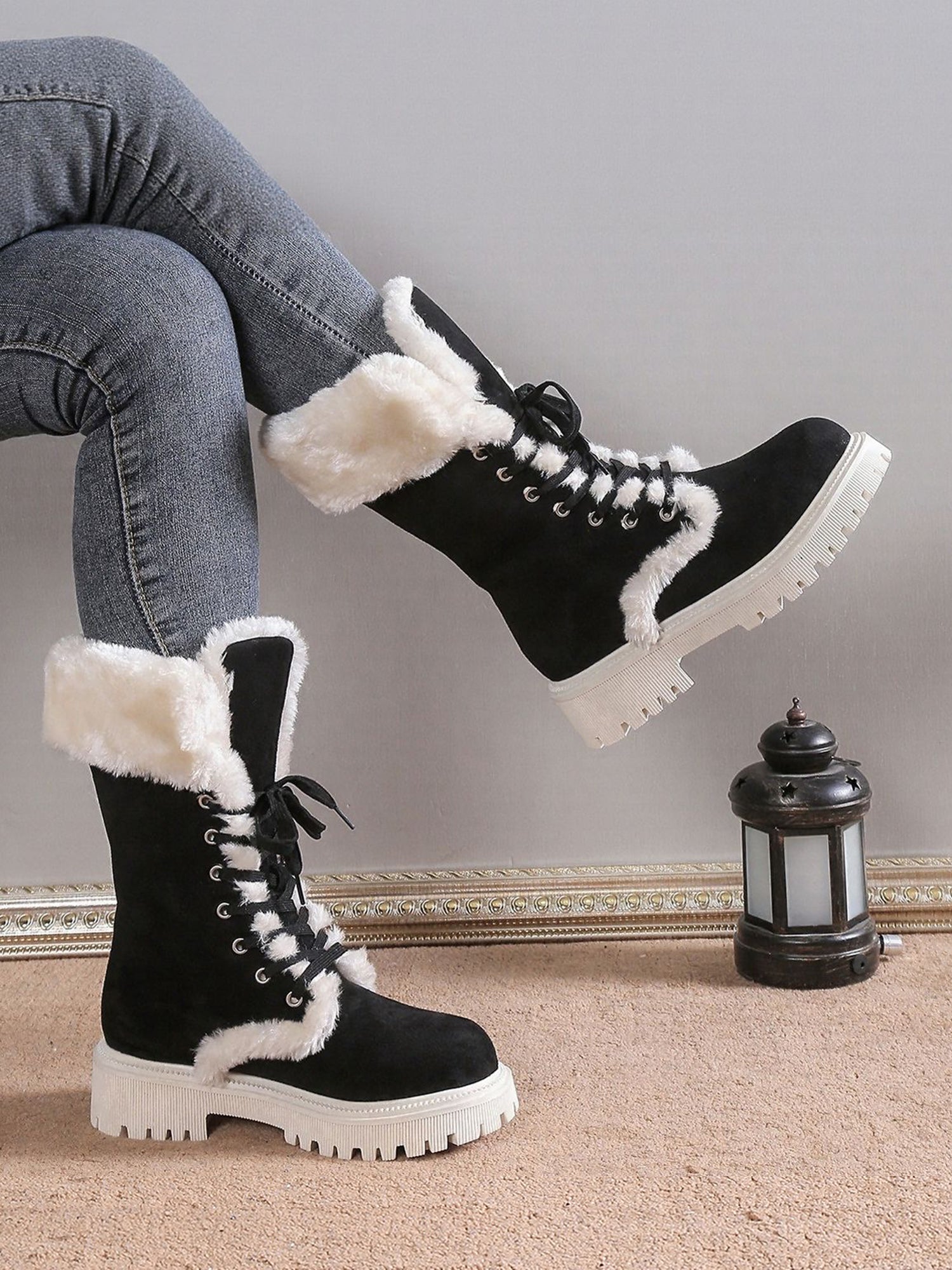 Fuax Fur Fleece-Lined Lace-Up Mid-Calf Boots | Allegra K