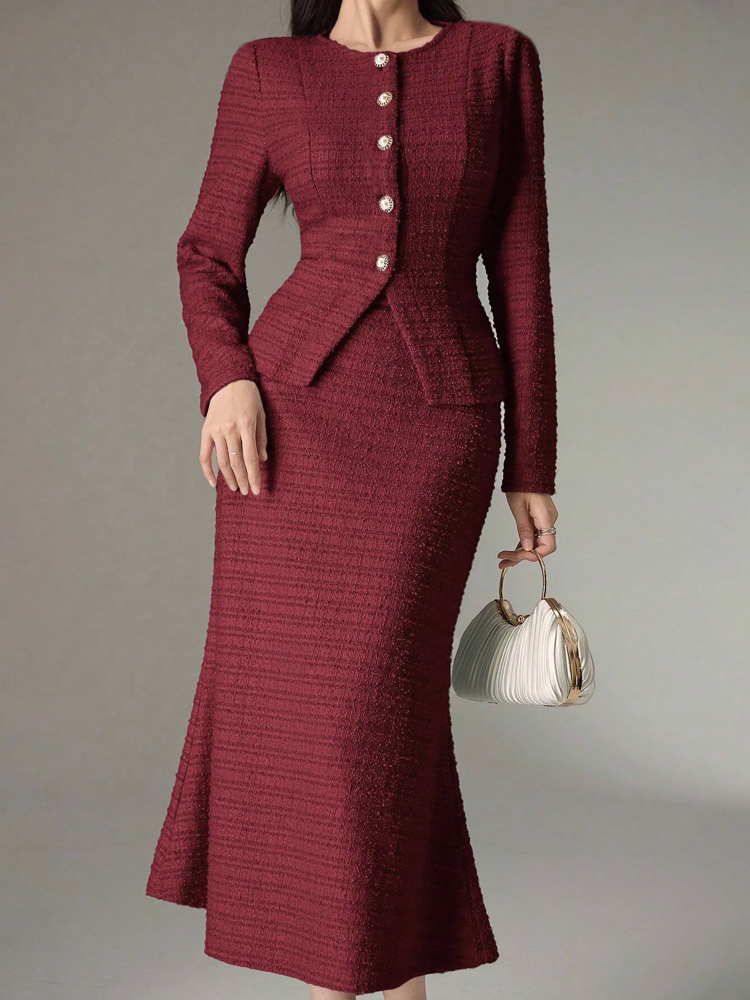 2 Pieces Tweed Round Neck Blouse & Midi Fishtail Skirt Matching Set ...