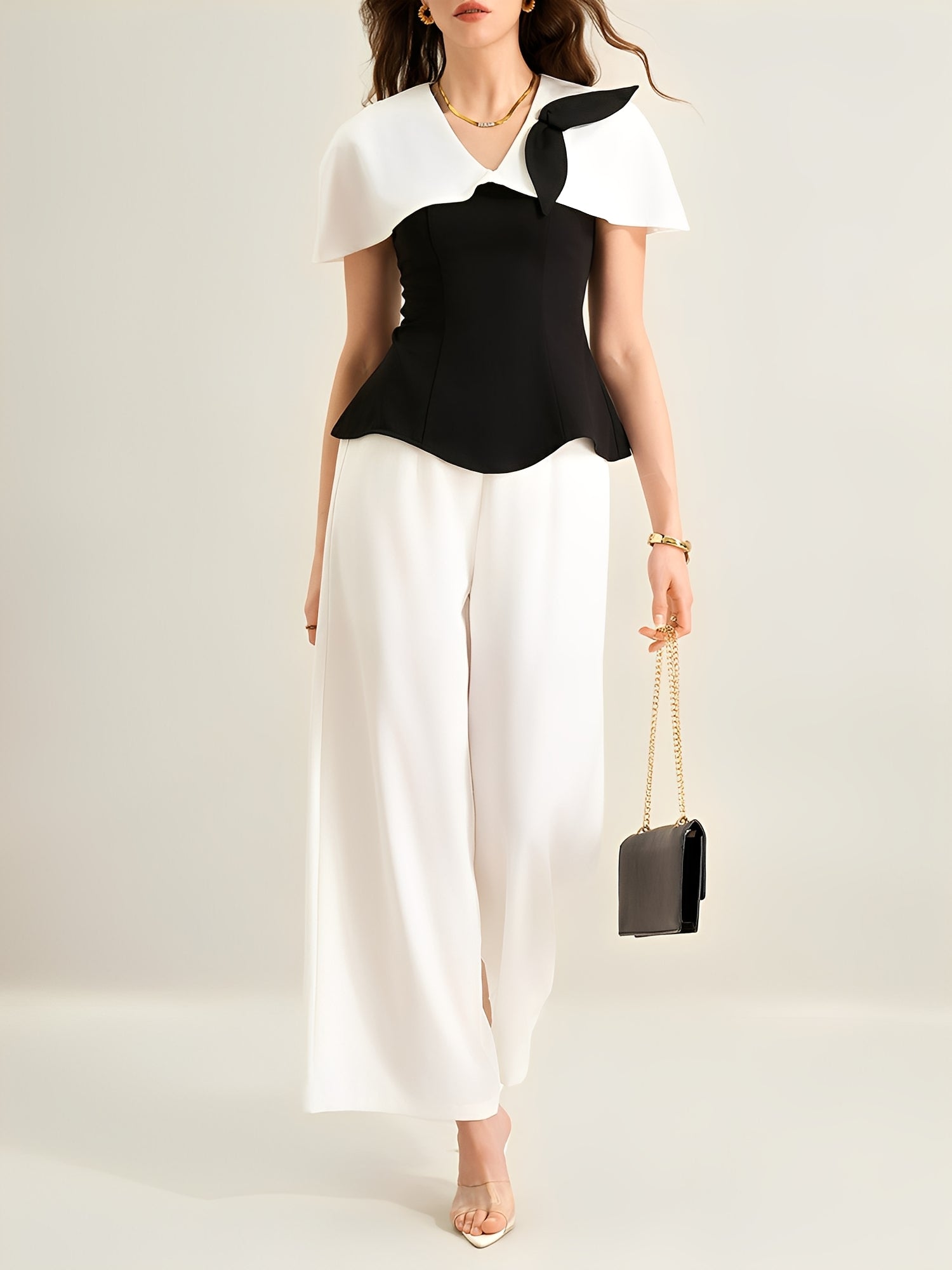 2 Pieces Colorblock Short Sleeves Blouse & Wide Legs Trousers Pants Set ...